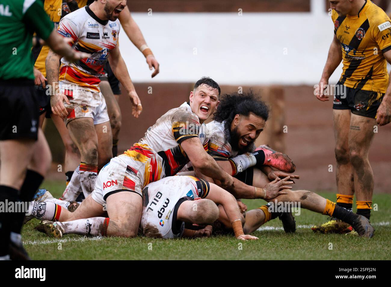 Bradford Bulls' Matty Gee celebrates a try saving tackle during the ...