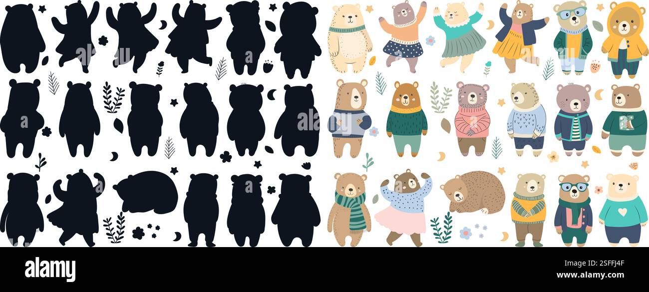 set of bears character cartoon in doodle style on white background ...