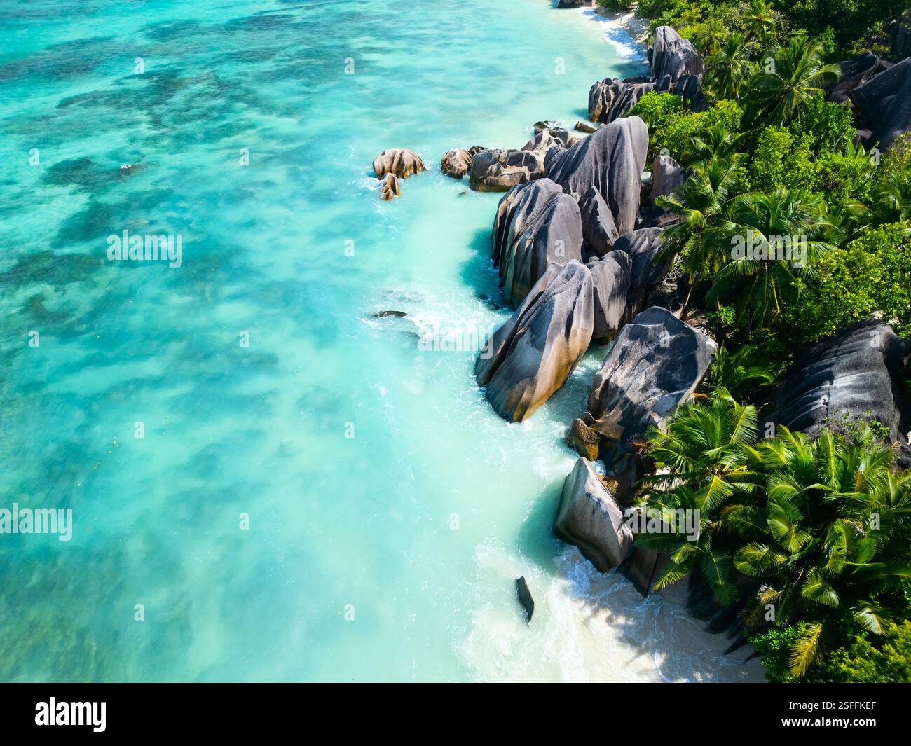 An aerial view of Anse Source d'Argent beach on La Digue, Seychelles ...