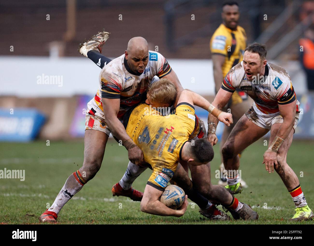 Castleford Tigers' Sam Wood gets tackled during the Betfred Challenge ...