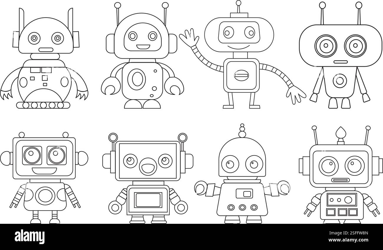 set of characters robots coloring book isolated vector Stock Vector ...