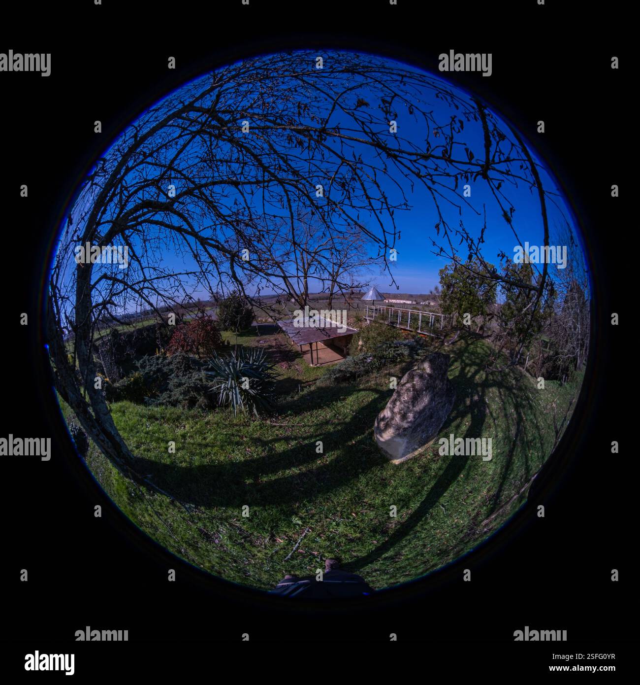 circular fisheye view of a picnic spot in a natural area with ...