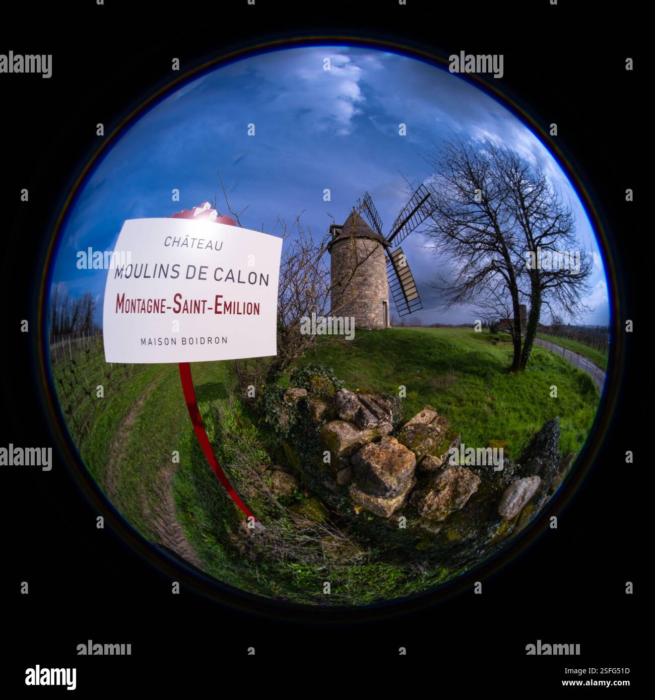 circular fisheye view of the windmills of Calon, with a noticeboard on ...