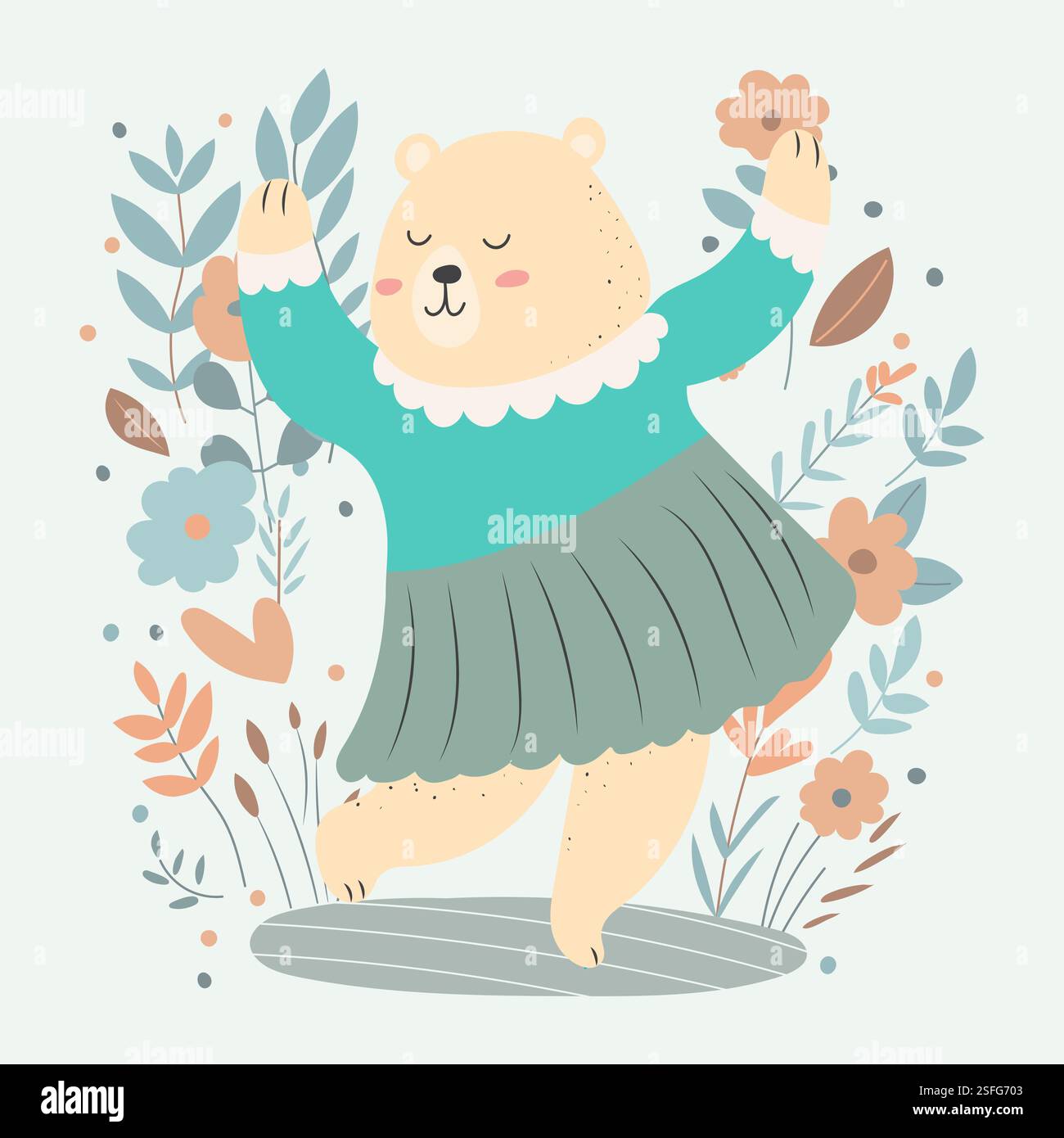 bear dancing on floral background characters in flat style isolated ...