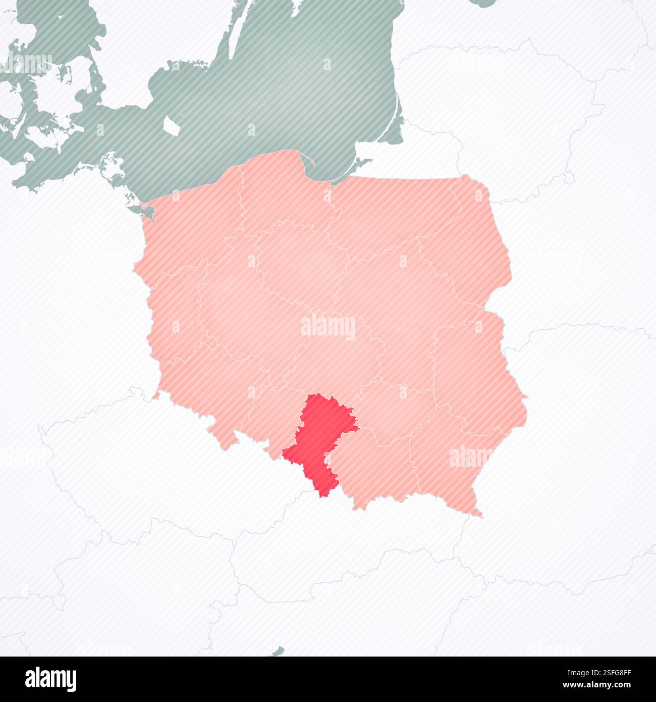 Silesia on the map of Poland with softly striped vintage background ...