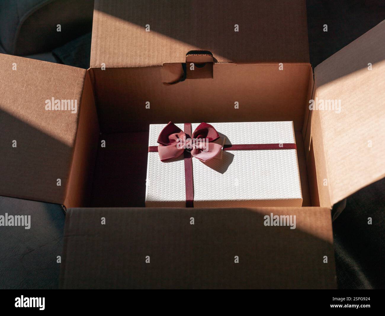 a gift box inside the open cardboard box, daylight shot, no people ...