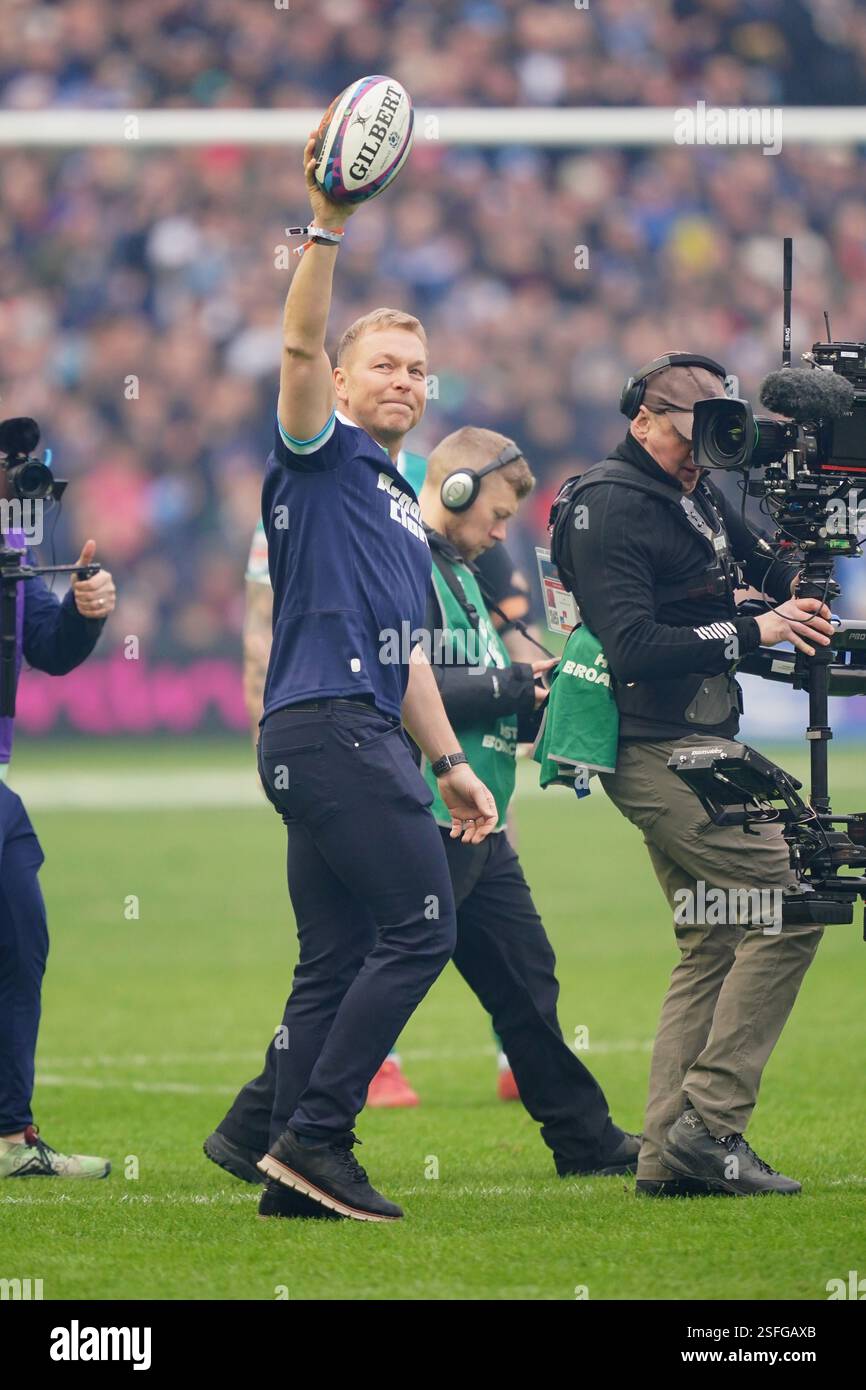 Sir Chris Hoy presents the match ball before the Guinness Men's Six ...