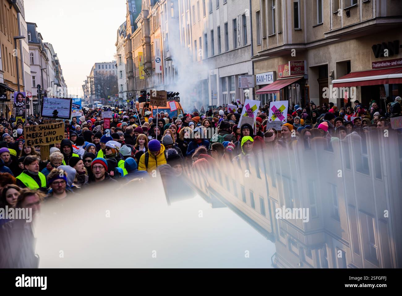 Berlin, Germany. 09th Feb, 2025. Participants in a demonstration under ...