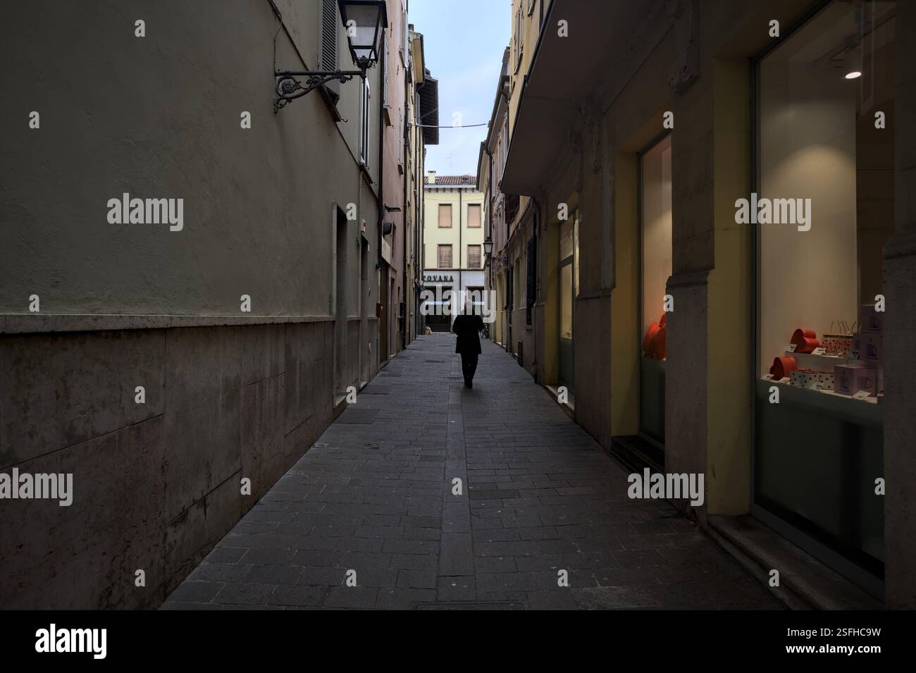 Paved alley with shop windows in the back of two buildings in an ...