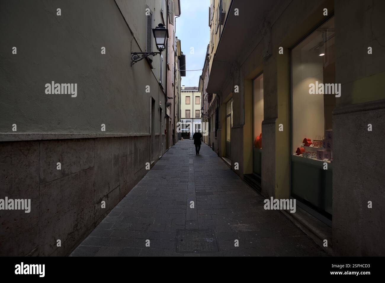 Paved alley with shop windows in the back of two buildings in an ...