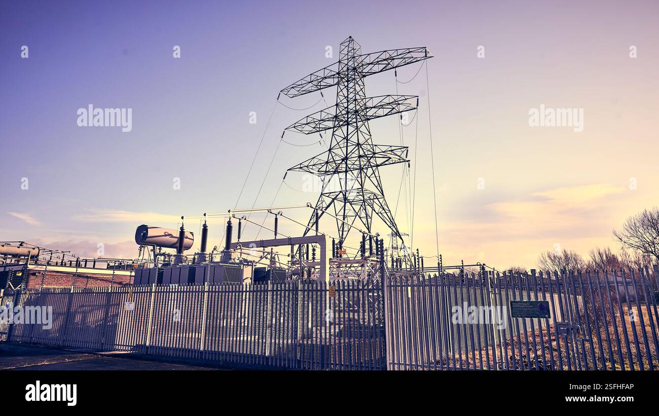 Electricity pylon and sub station ,England,uk Stock Photo - Alamy