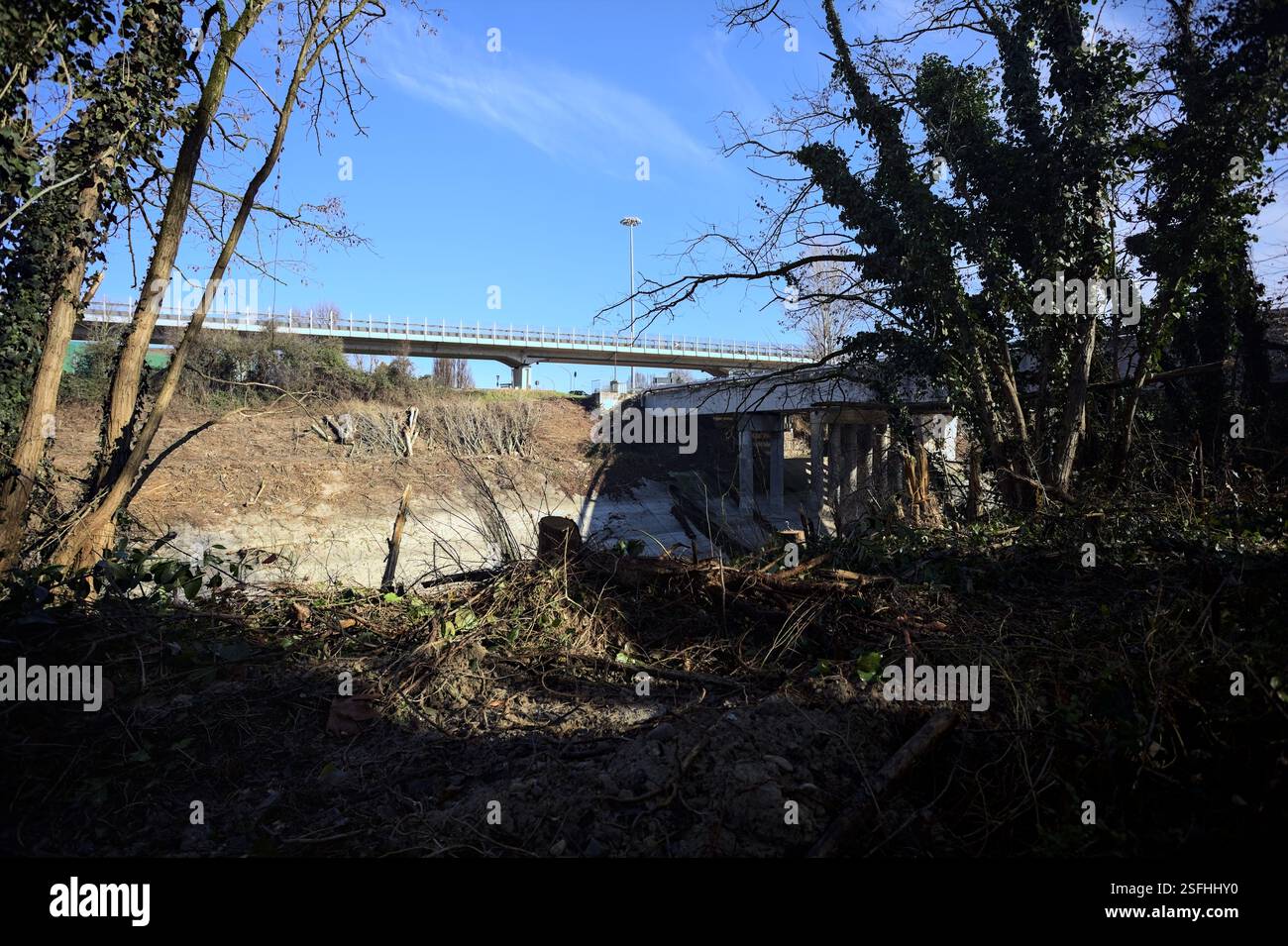 Road bridge and a highway viaduct in the italian countryside seen from ...