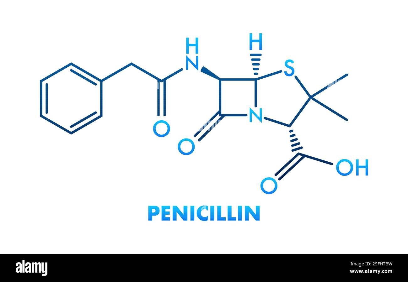 Penicillin skeletal formula showing atoms and bonds, antibiotic drug ...