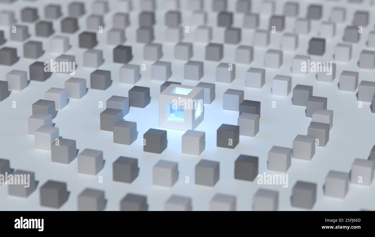 cubes arranged in concentric circles with a glowing cube at the center. 3d rendered illustration ...