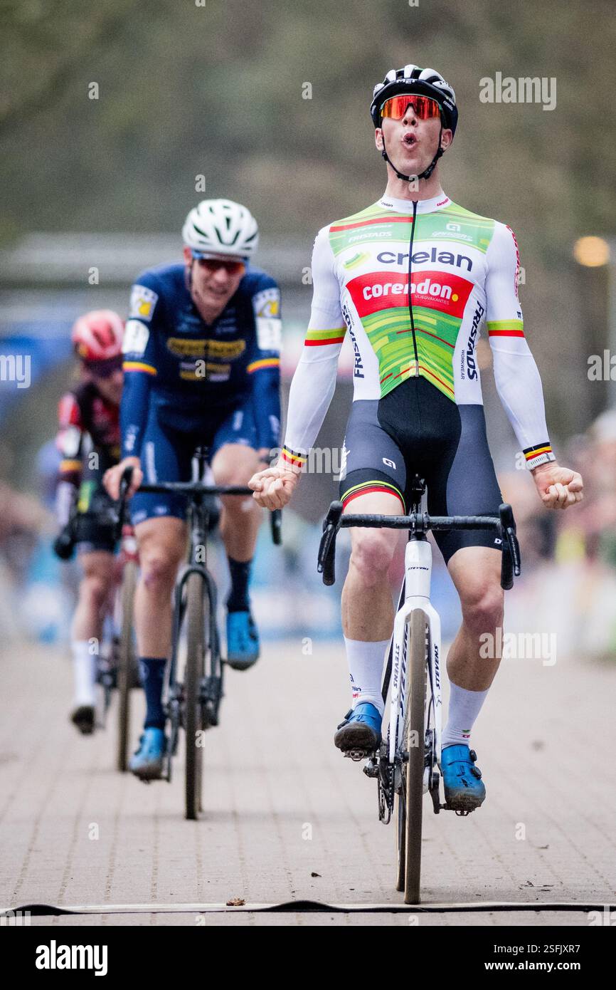 Lille, Belgium. 09th Feb, 2025. Belgian Laurens Sweeck celebrates as he ...
