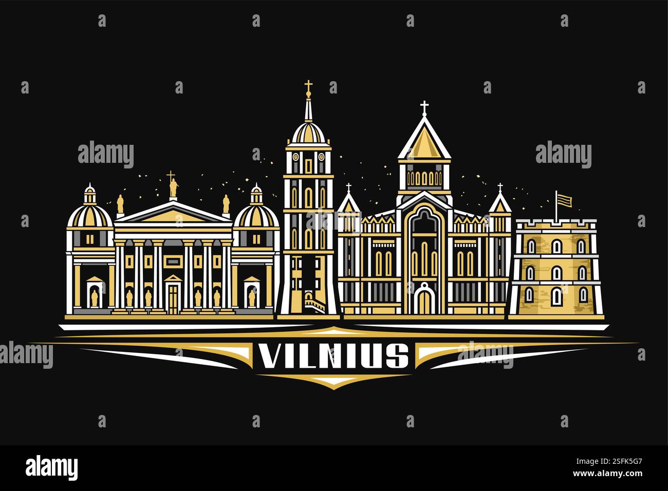 Vector illustration of Vilnius, dark horizontal card with linear design ...
