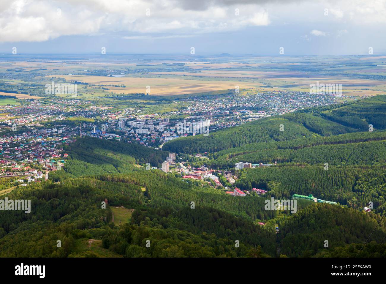 Aerial view of Belokurikha town from the Mount Tserkovka. Rural Russian ...