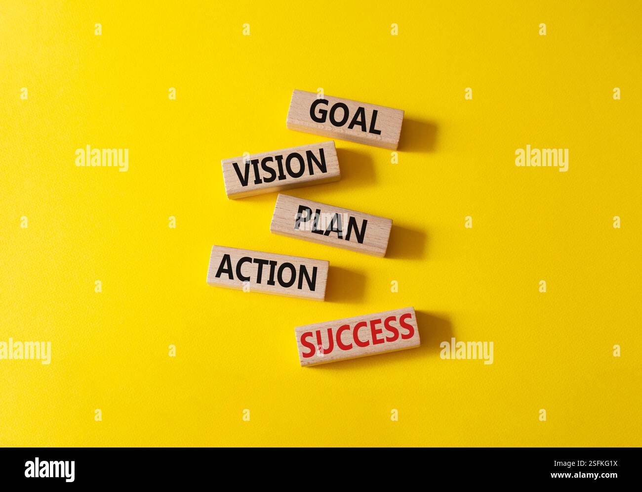 Goal Vision Plan Action Success symbol. Concept words Goal Vision Plan Action Success on wooden ...