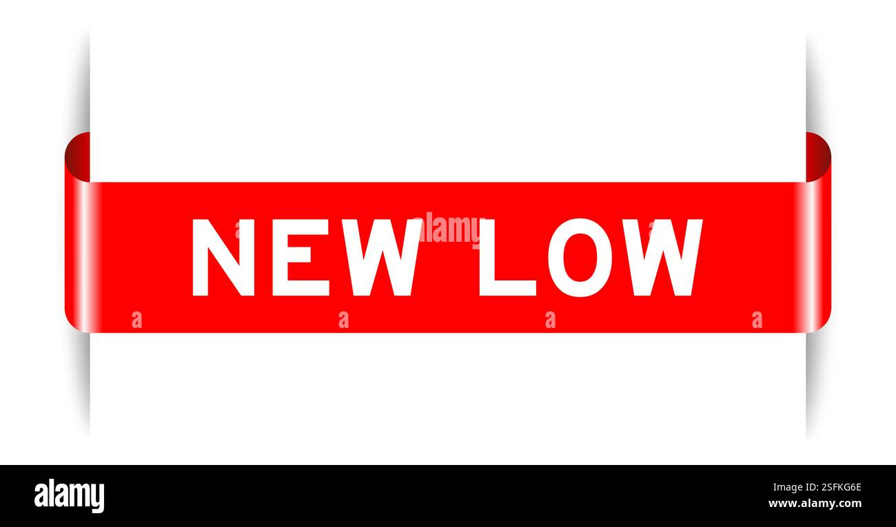 Red color inserted label banner with word new low on white background ...