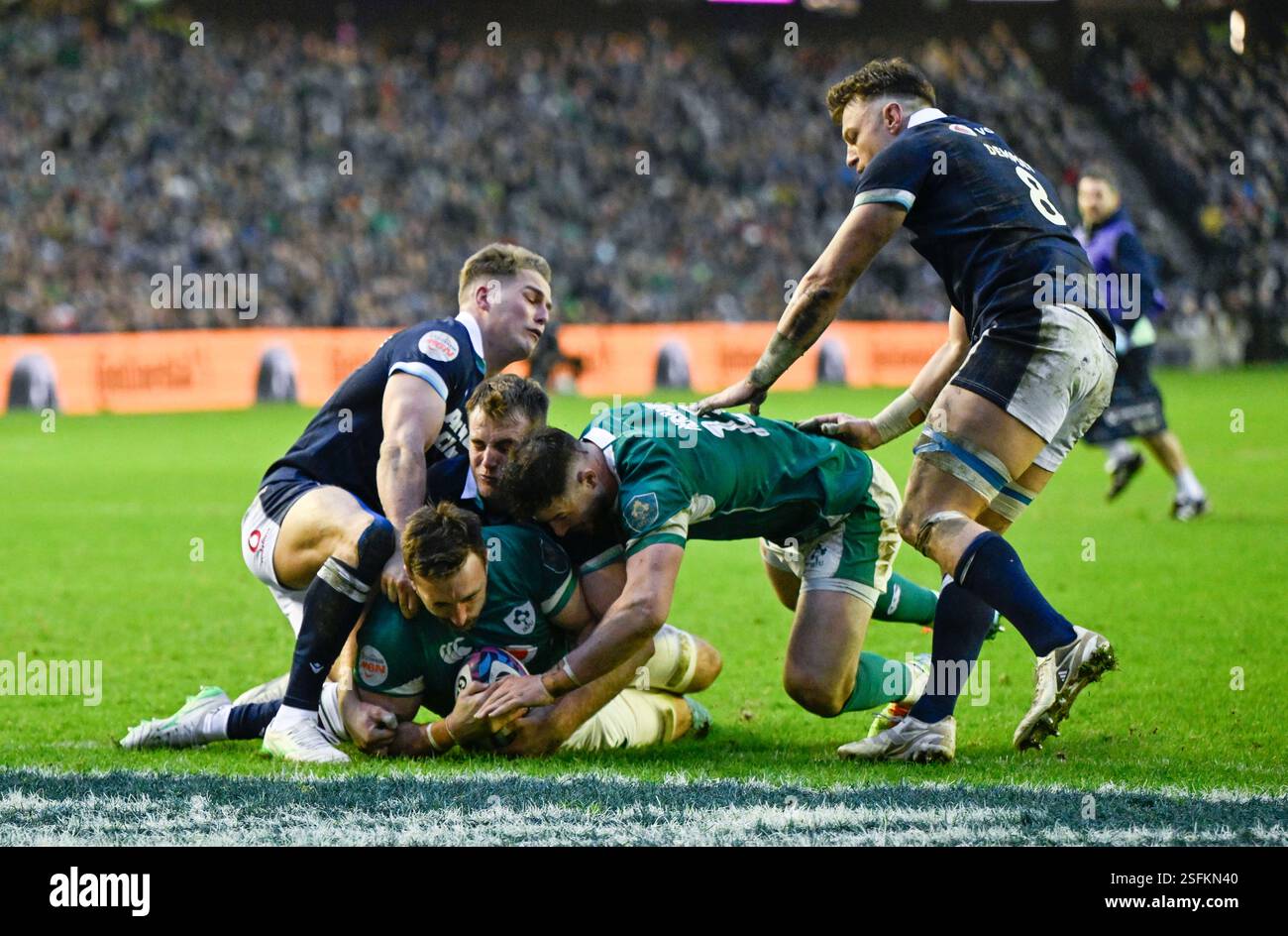 Edinburgh, UK. 9th Feb, 2025. Jack Conan of Ireland scores a try during ...