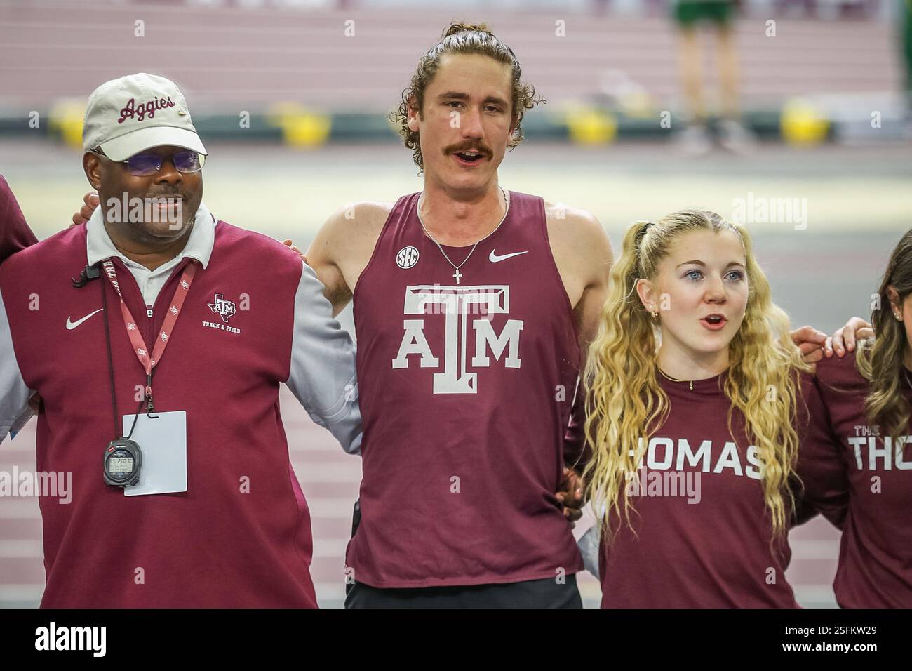 February 8, 2025: Texas A&M Aggies runner Sam Whitmarsh, center ...