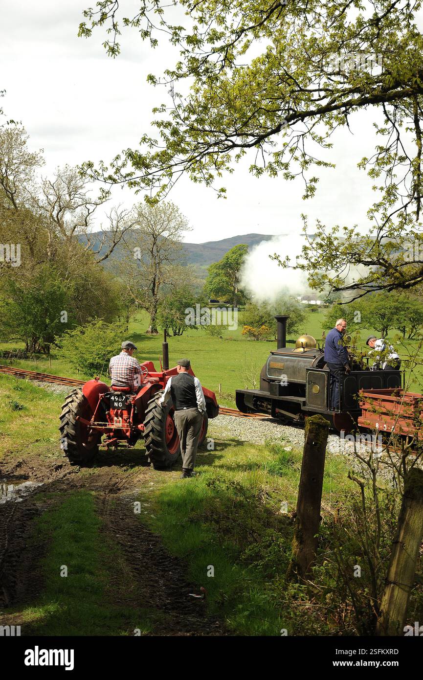 "Winifred" with a train of slate wagons passing a vintage tractor and ...