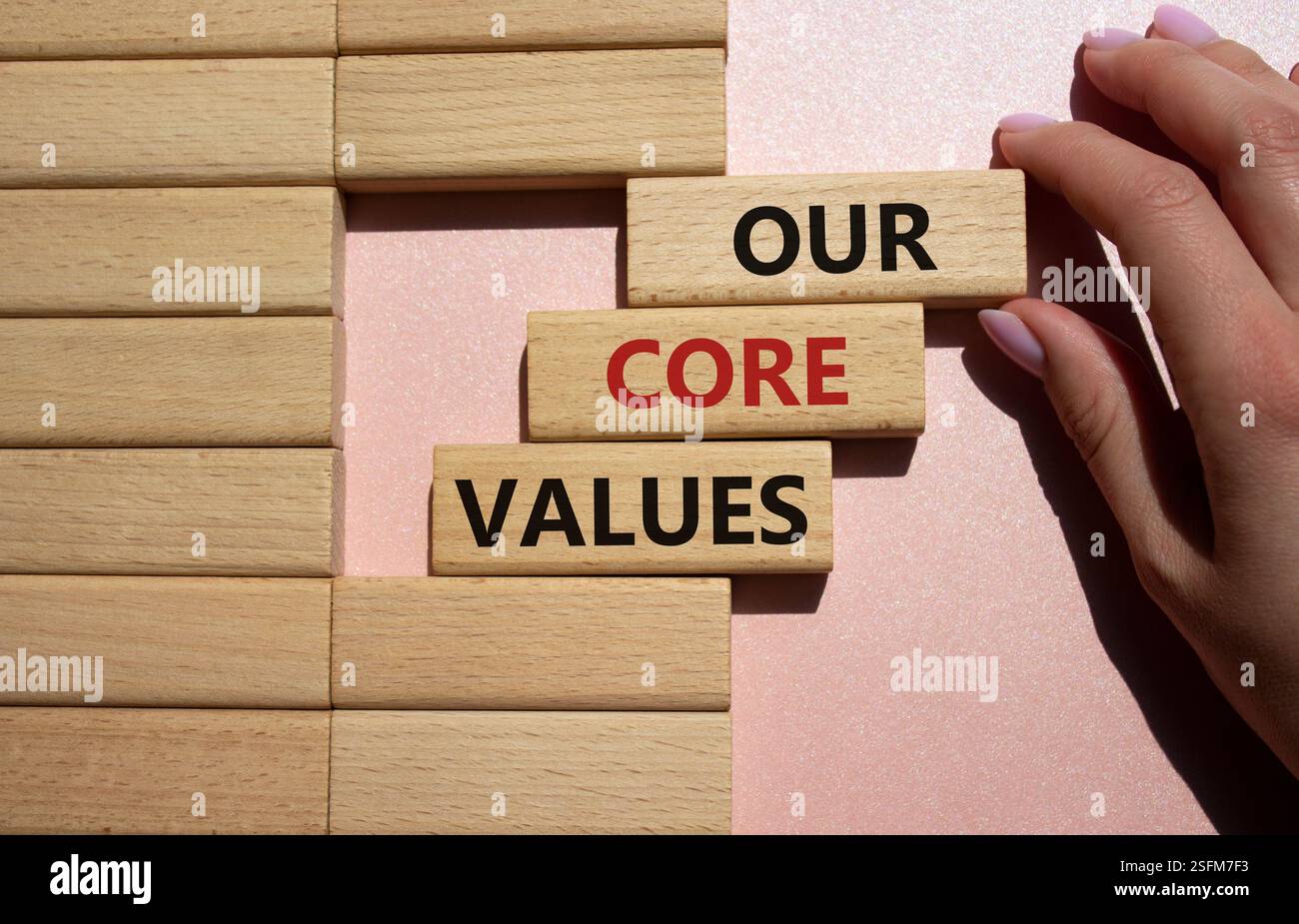 Our core values symbol. Concept words Our core values on wooden blocks ...