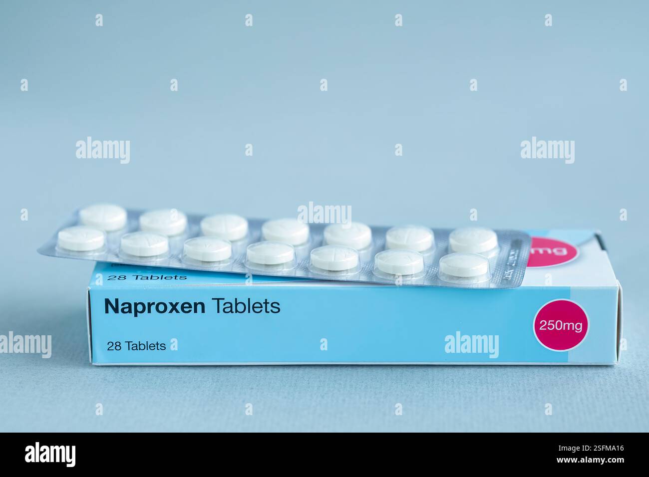 UK. A box of Naproxen tablets. The drug is a a non-steroidal anti ...