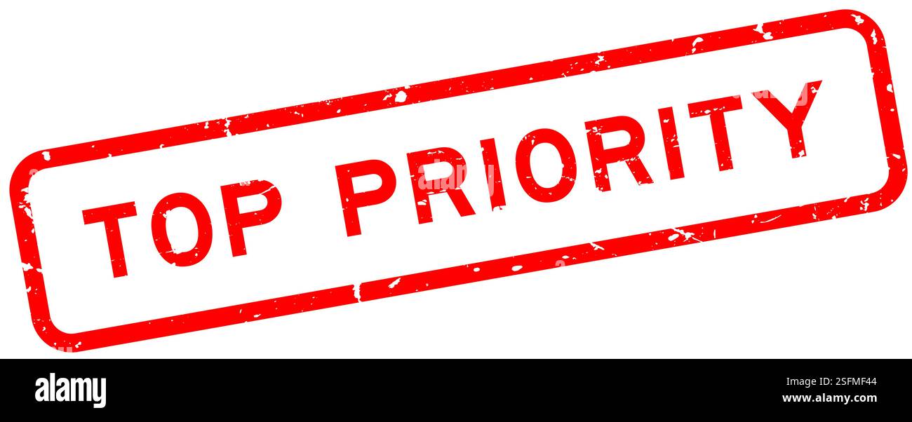 Grunge red top priority word rubber square seal stamp on white ...