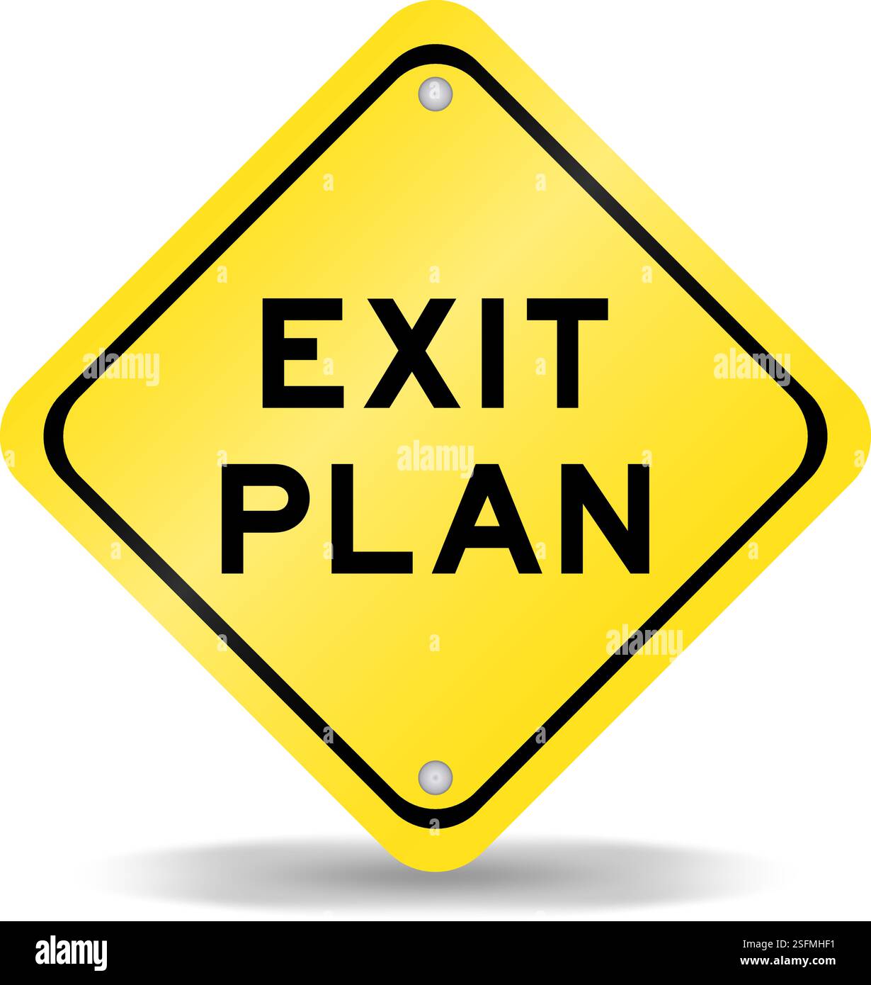 Yellow color transportation sign with word exit plan on white ...