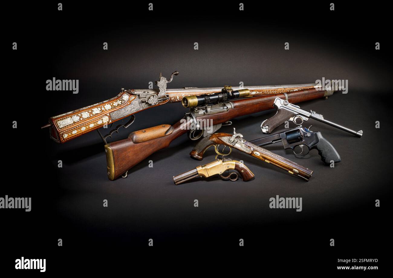 Collection of old historical firearms from different eras with artistic ornaments and unique ...