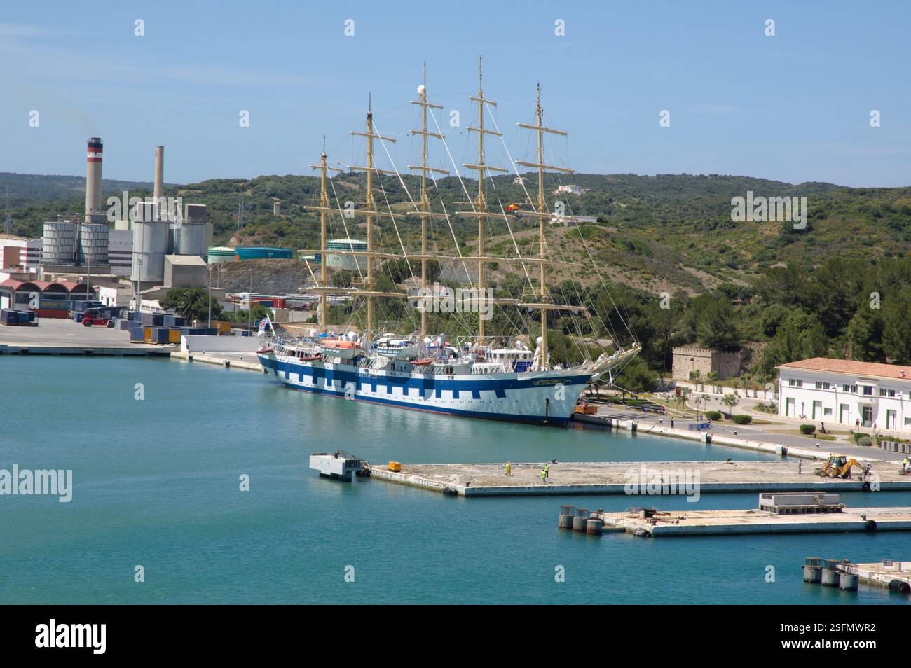 Five-masted sailing ship Royal Clipper berthed in Mahon harbour Stock ...
