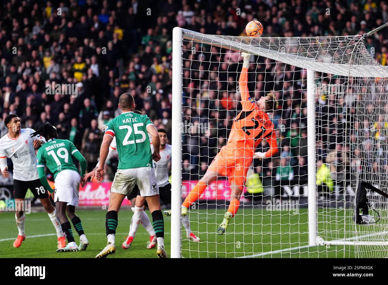 Plymouth Argyle goalkeeper Conor Hazard makes a save during the ...
