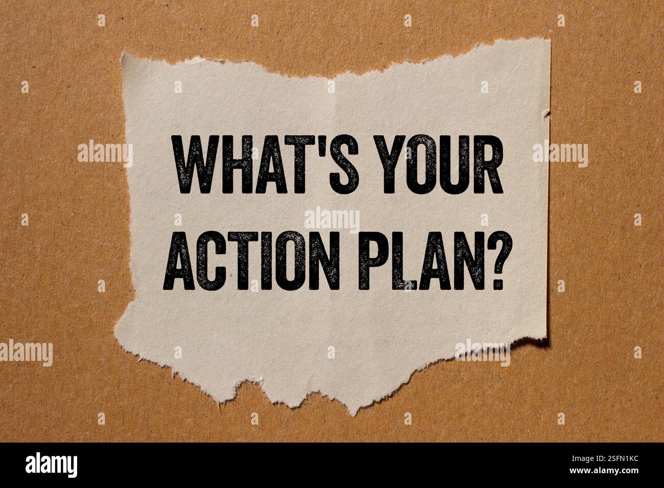 What's your action plan message written on ripped torn paper piece on brown background ...