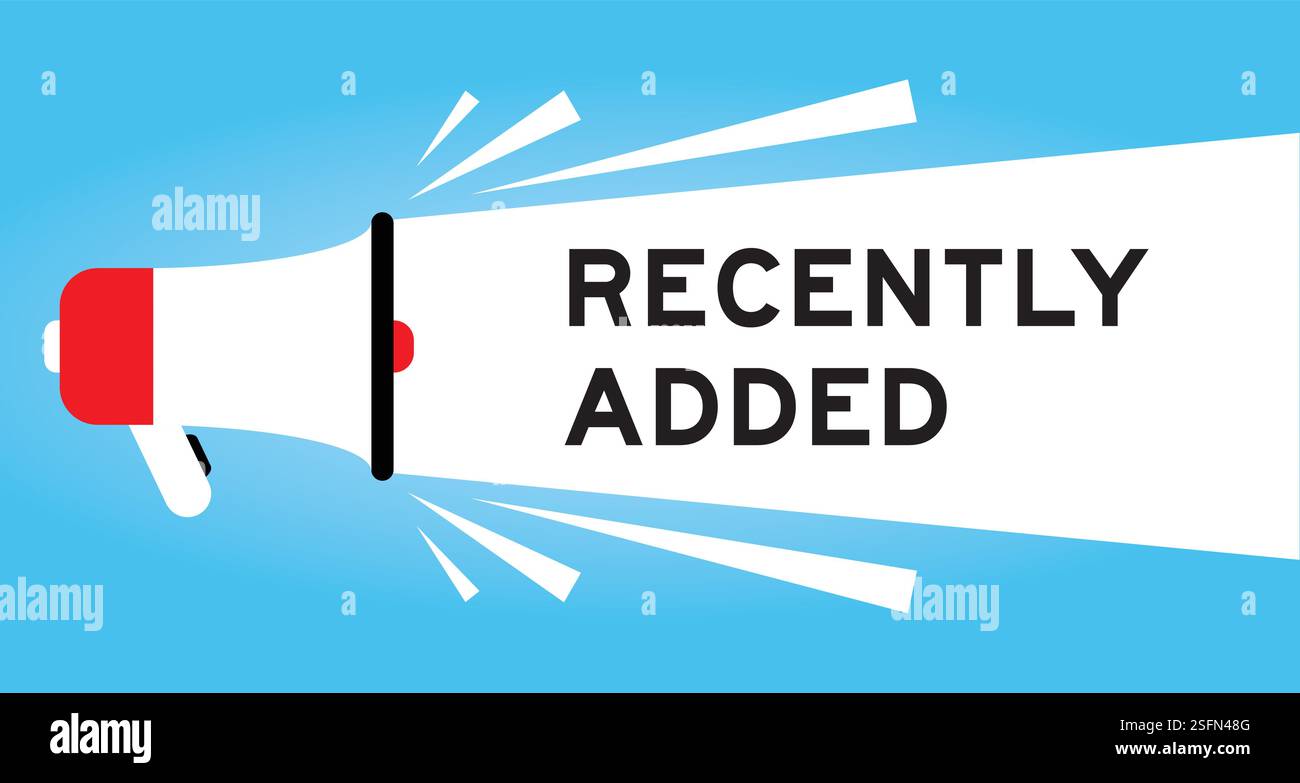 Color megaphone icon with word recently added in white banner on blue ...