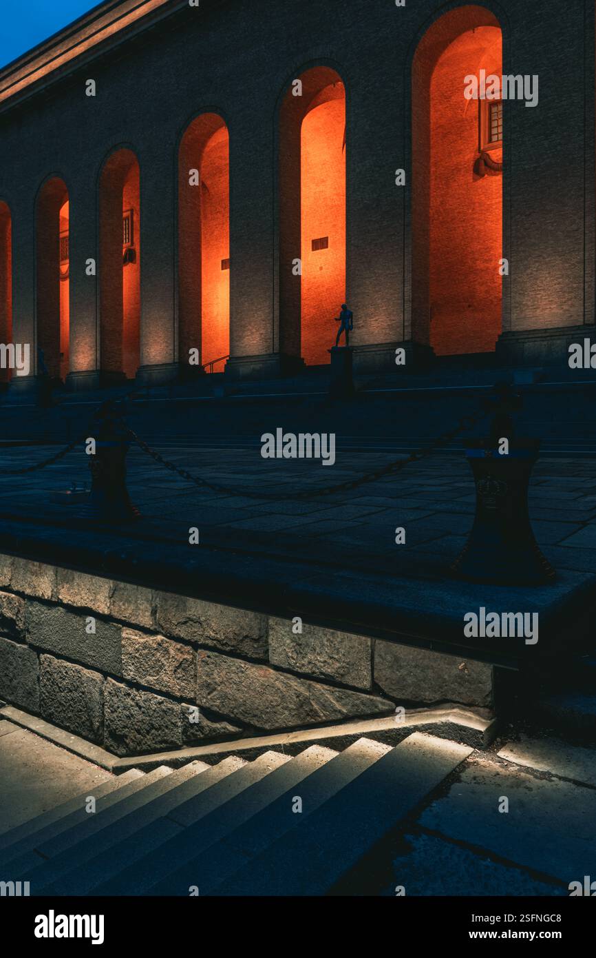 Illuminated stairs lead up to a historic building in Gothenburg, Sweden ...