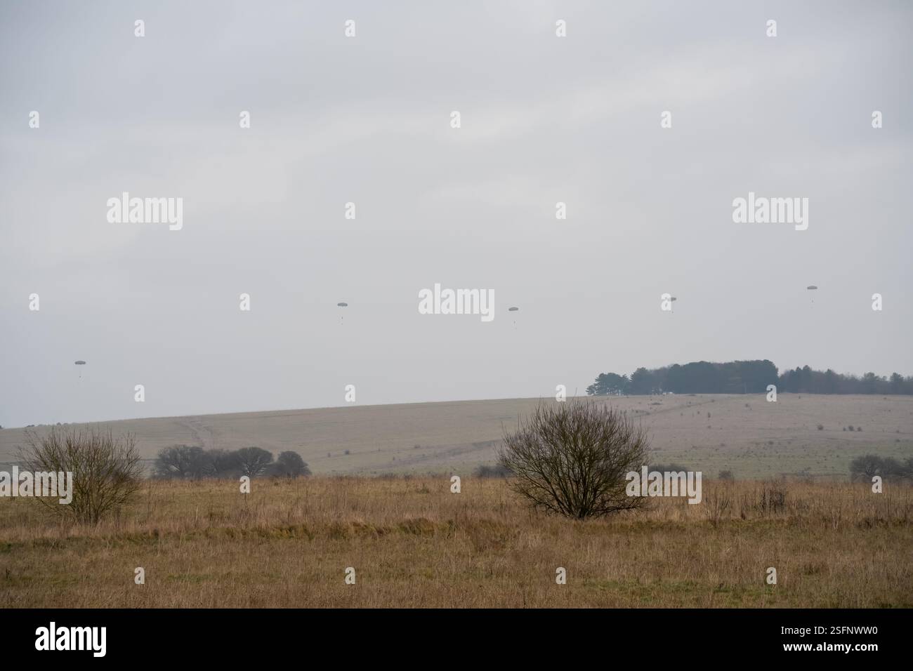 army paratroopers descending from an airborne assault parachute drop ...