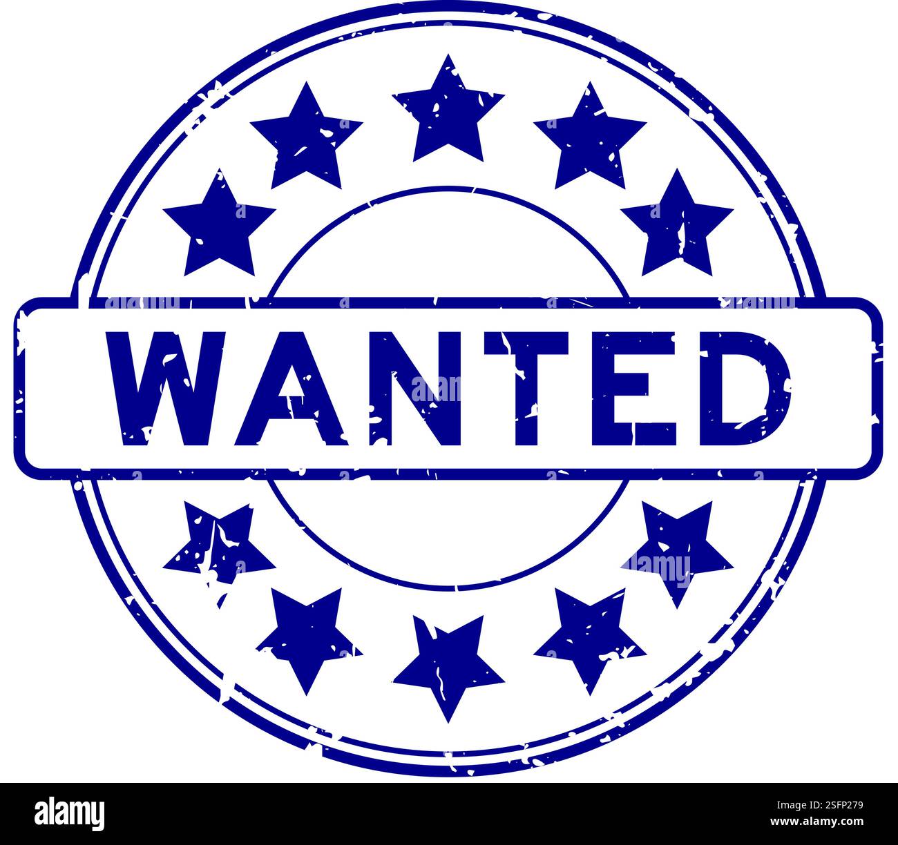 Grunge blue wanted word with star icon round rubber seal stamp on white ...