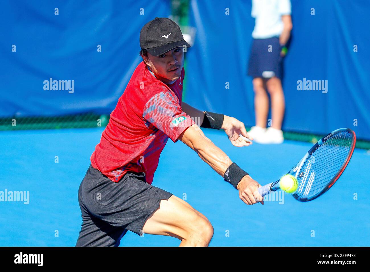 DELRAY BEACH, FL - FEBRUARY 09: Taro Daniel (JPN) hits a backhand ...