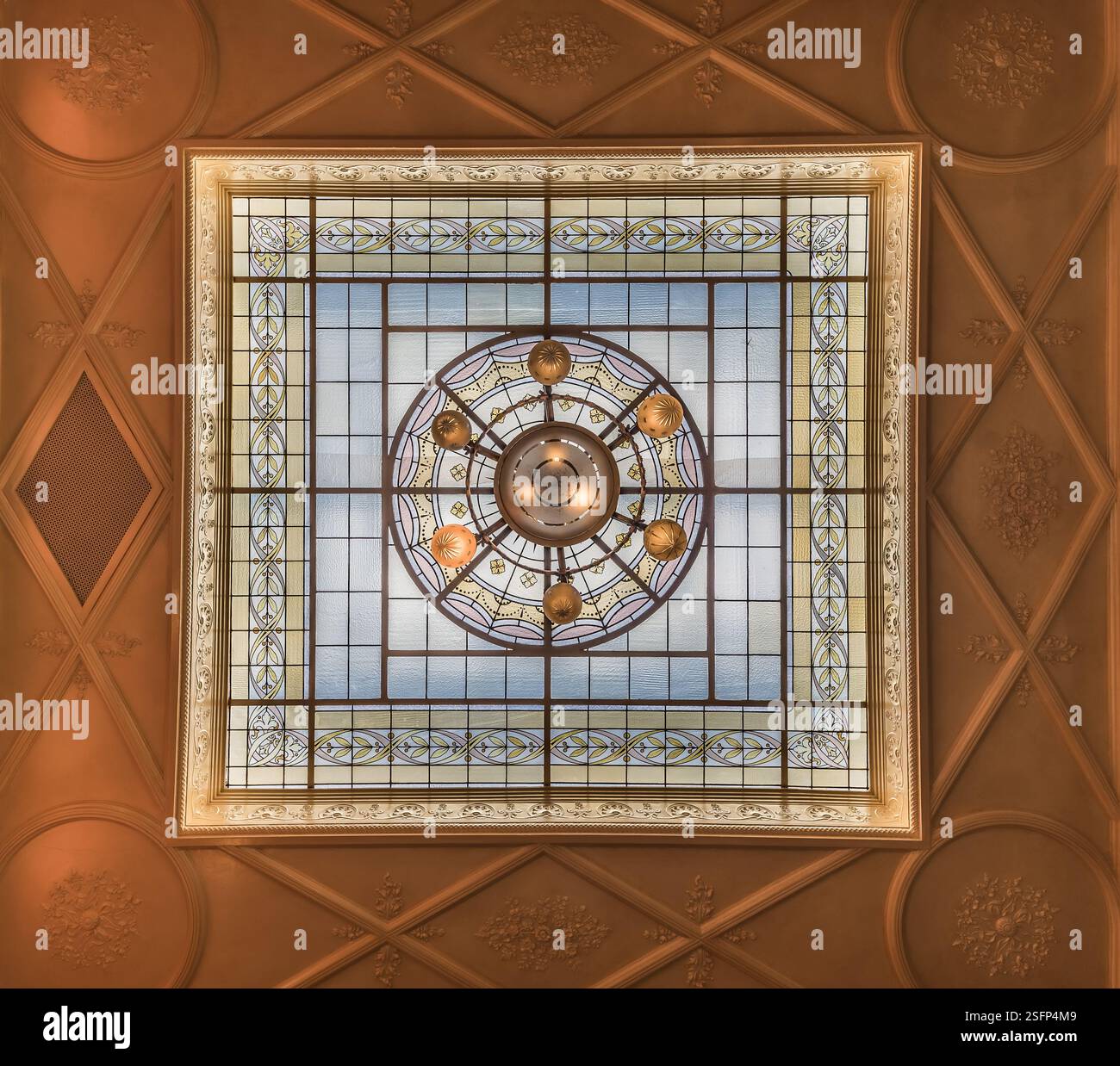 Luxury interior design in art nouveau style with colorful stained glass ...