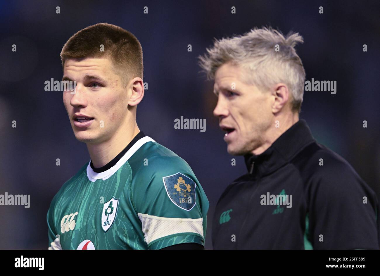 Edinburgh, UK. 9th Feb, 2025. Sam Prendergast of Ireland with Ireland's Interim Head Coach Simon ...