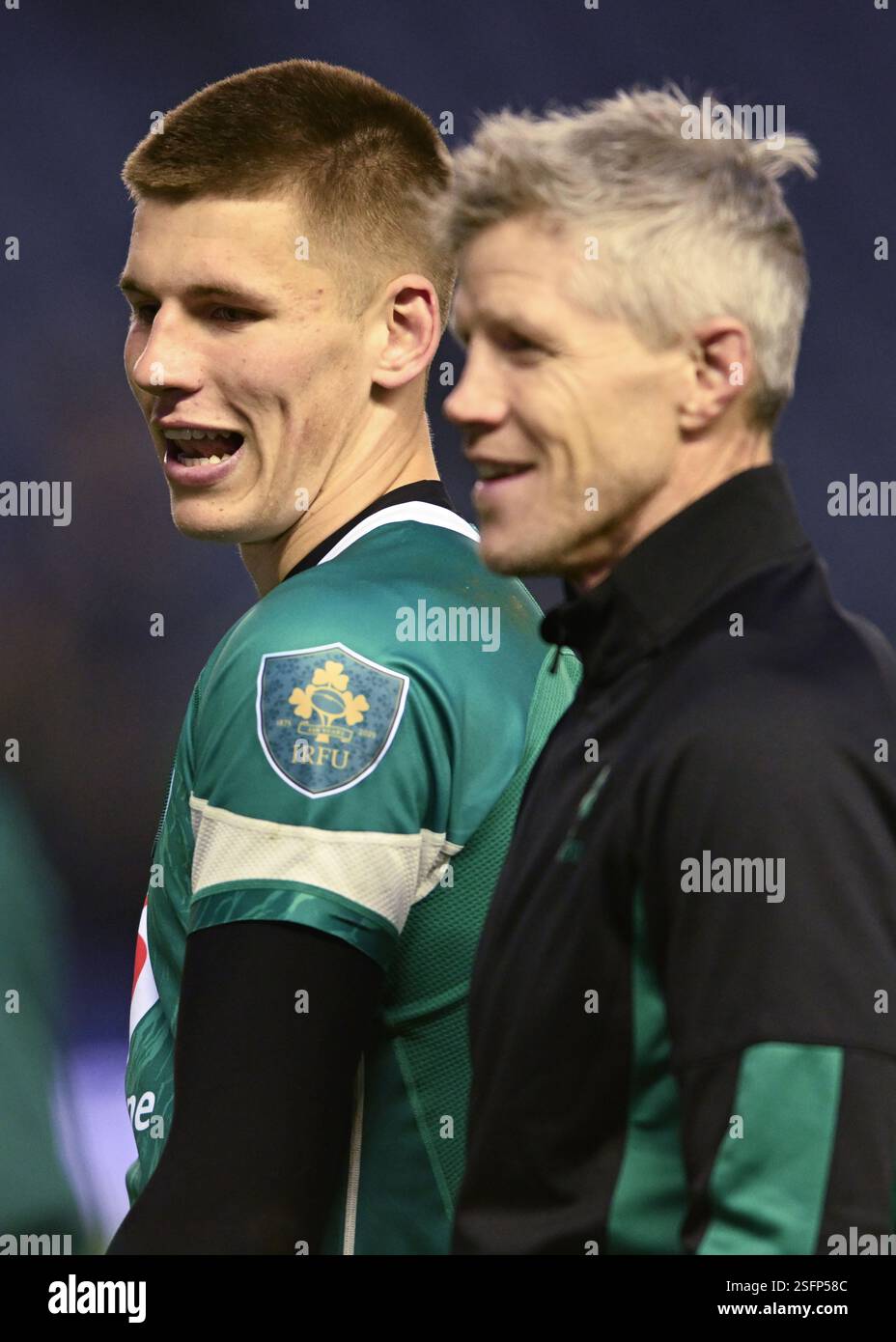 Edinburgh, UK. 9th Feb, 2025. Sam Prendergast of Ireland with Ireland's ...