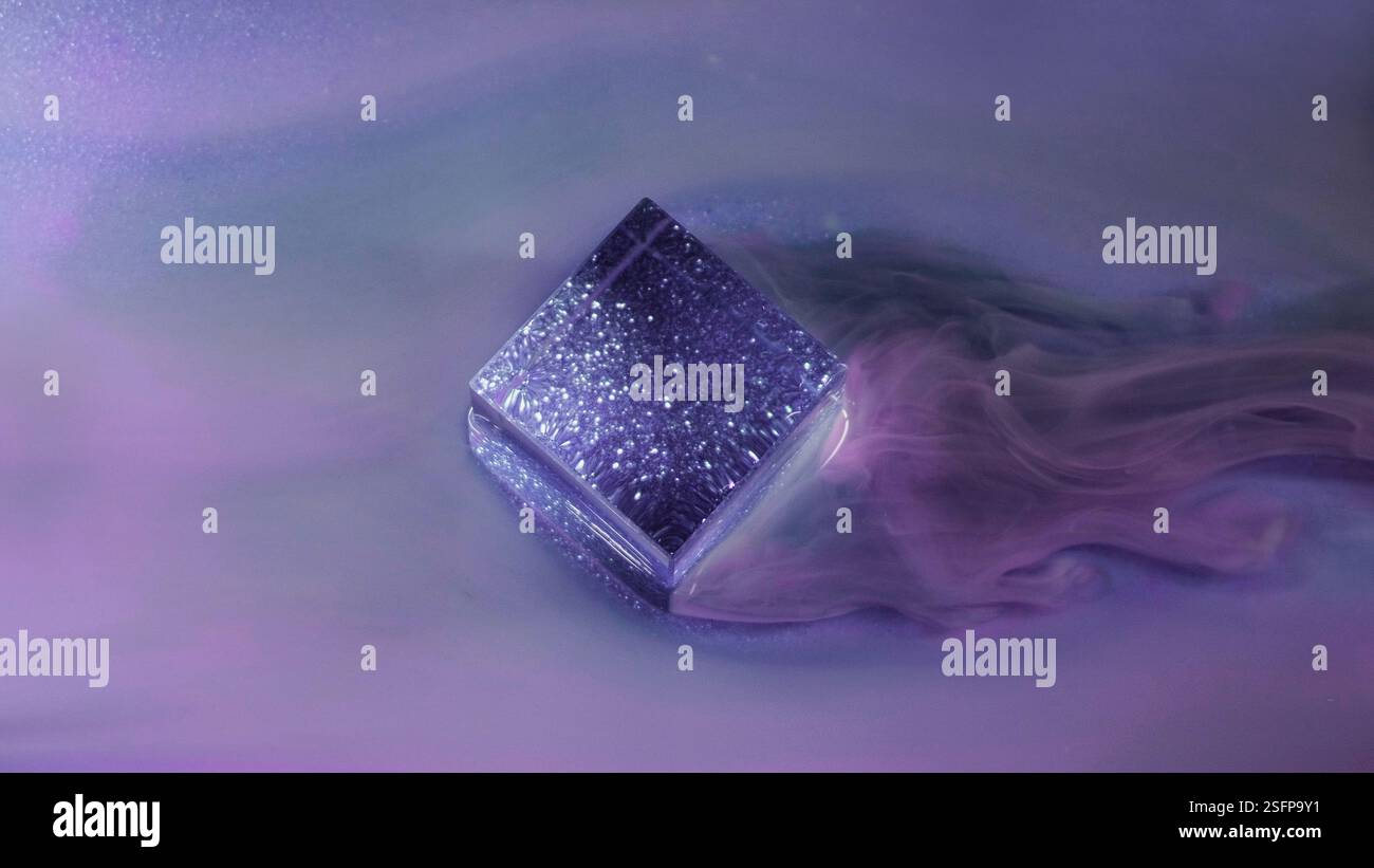 Mist floating. Shimmering glitter. Bright purple color flow smoke paint ...
