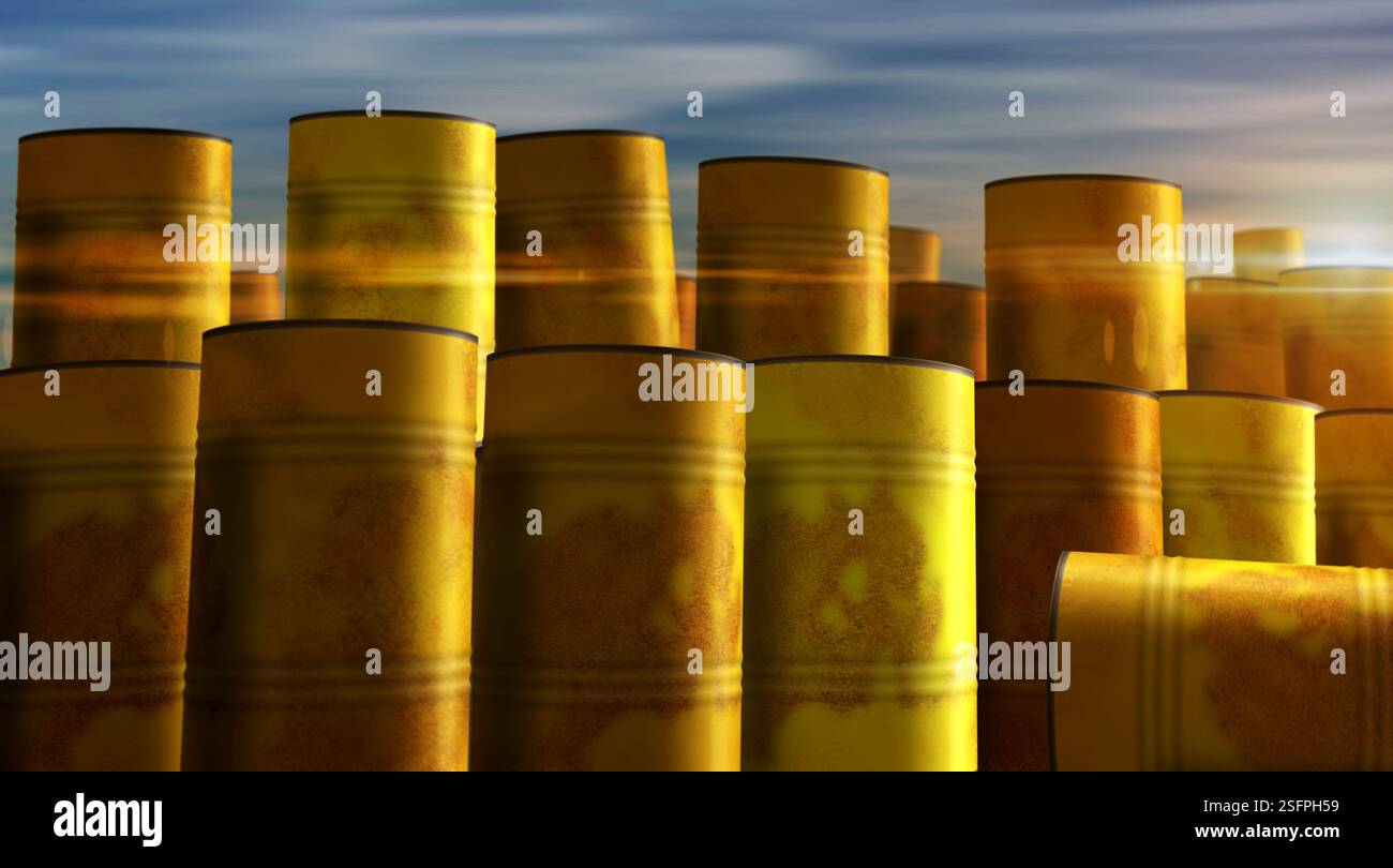 Yellow barrels in row concept. Chemical nuclear waste industrial ...