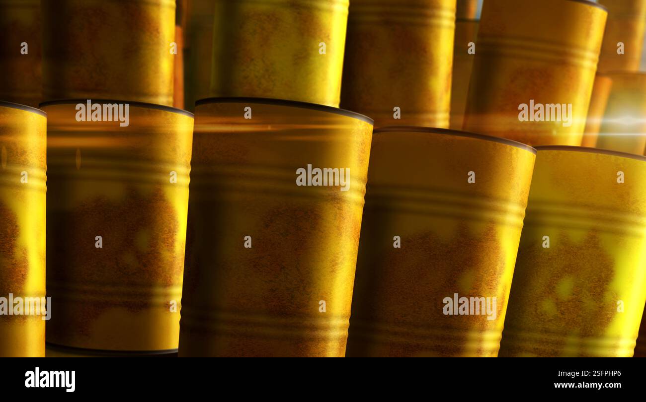 Yellow barrels in row concept. Chemical nuclear waste industrial ...