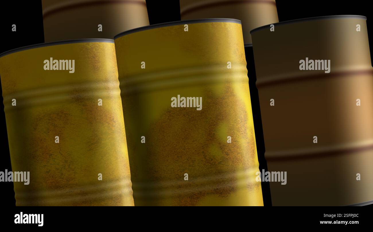Yellow barrels in row concept. Chemical nuclear waste industrial ...