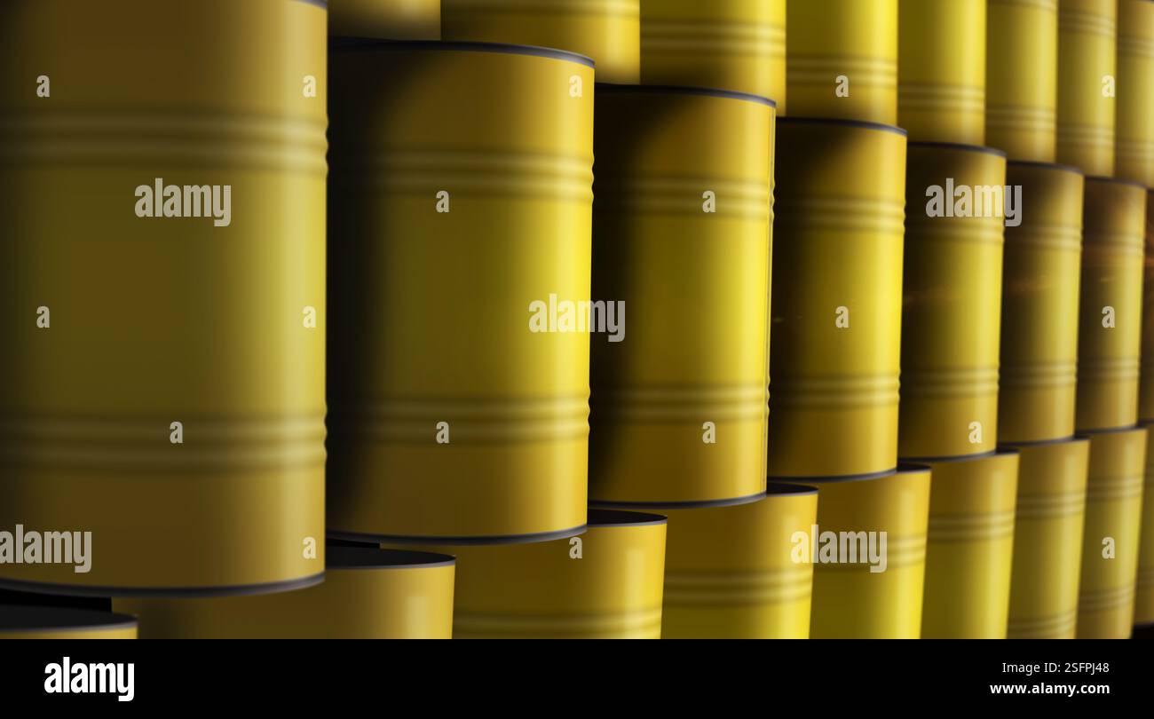 Yellow barrels in row concept. Chemical nuclear waste industrial ...