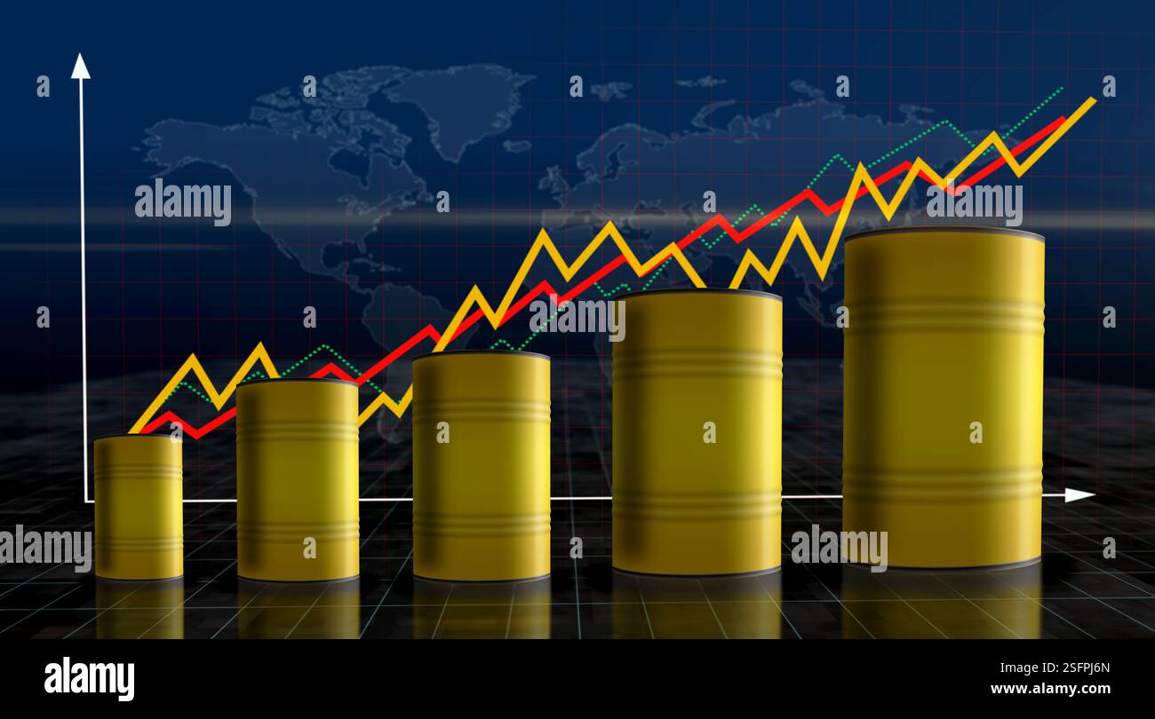 Yellow barrels on growing chart. Chemical nuclear waste industrial ...