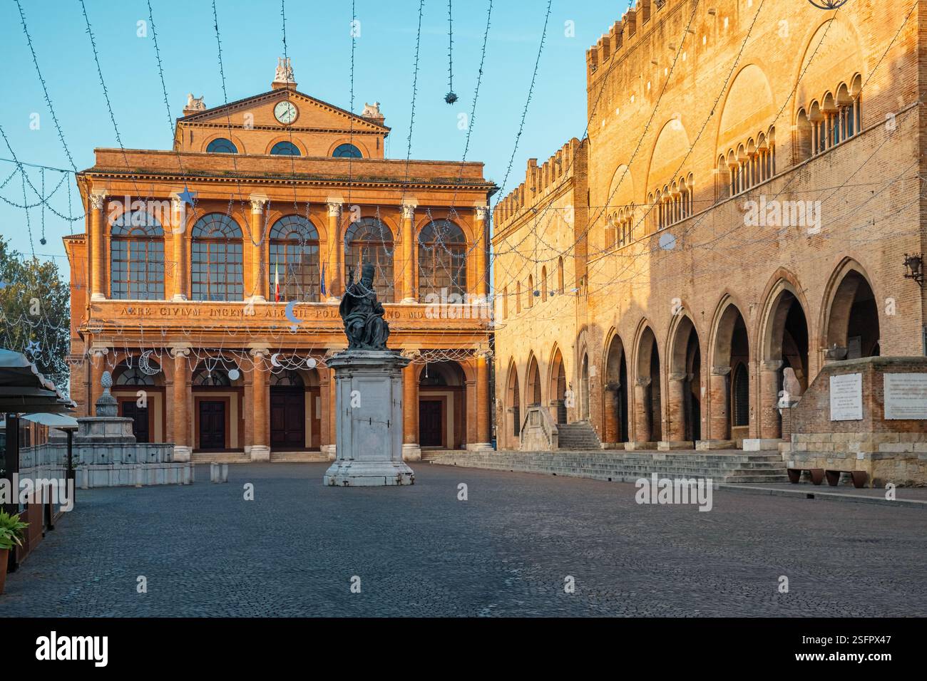 Rimini old town square Piazza Cavour with Pope Paul statue and Theater ...