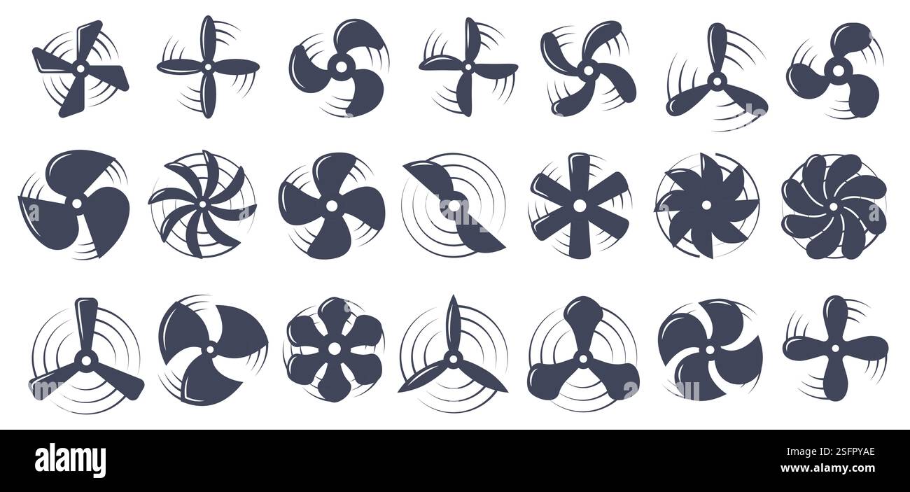 Propellers icons. Black wind turbine blades, airplane and boat engine ...